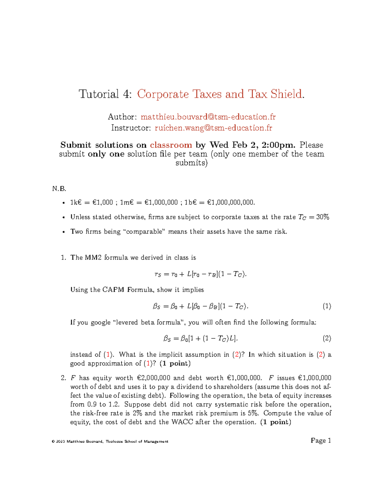 Tutorial 4 Leverage Tax Shield - Tutorial 4: Corporate Taxes and Tax Shield. Author: - Studocu