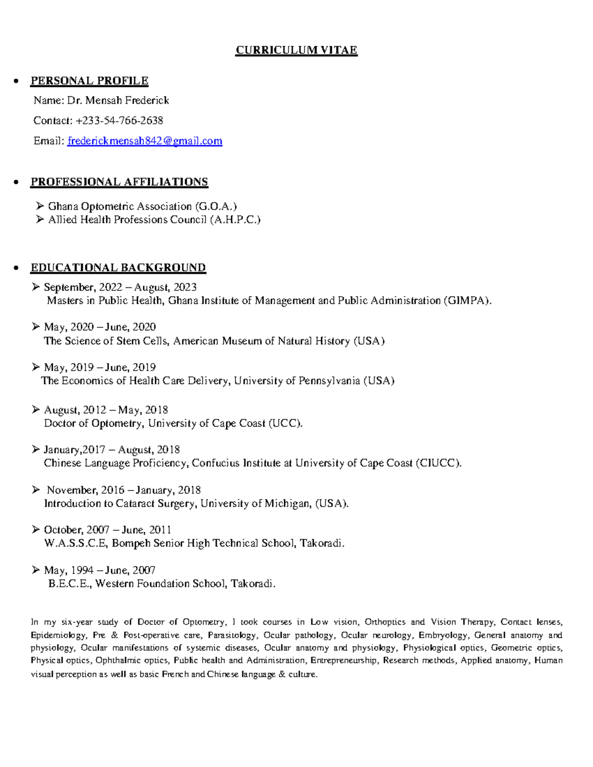 Social security - CURRICULUM VITAE PERSONAL PROFILE Name: Dr. Mensah Frederick Contact: - Studocu