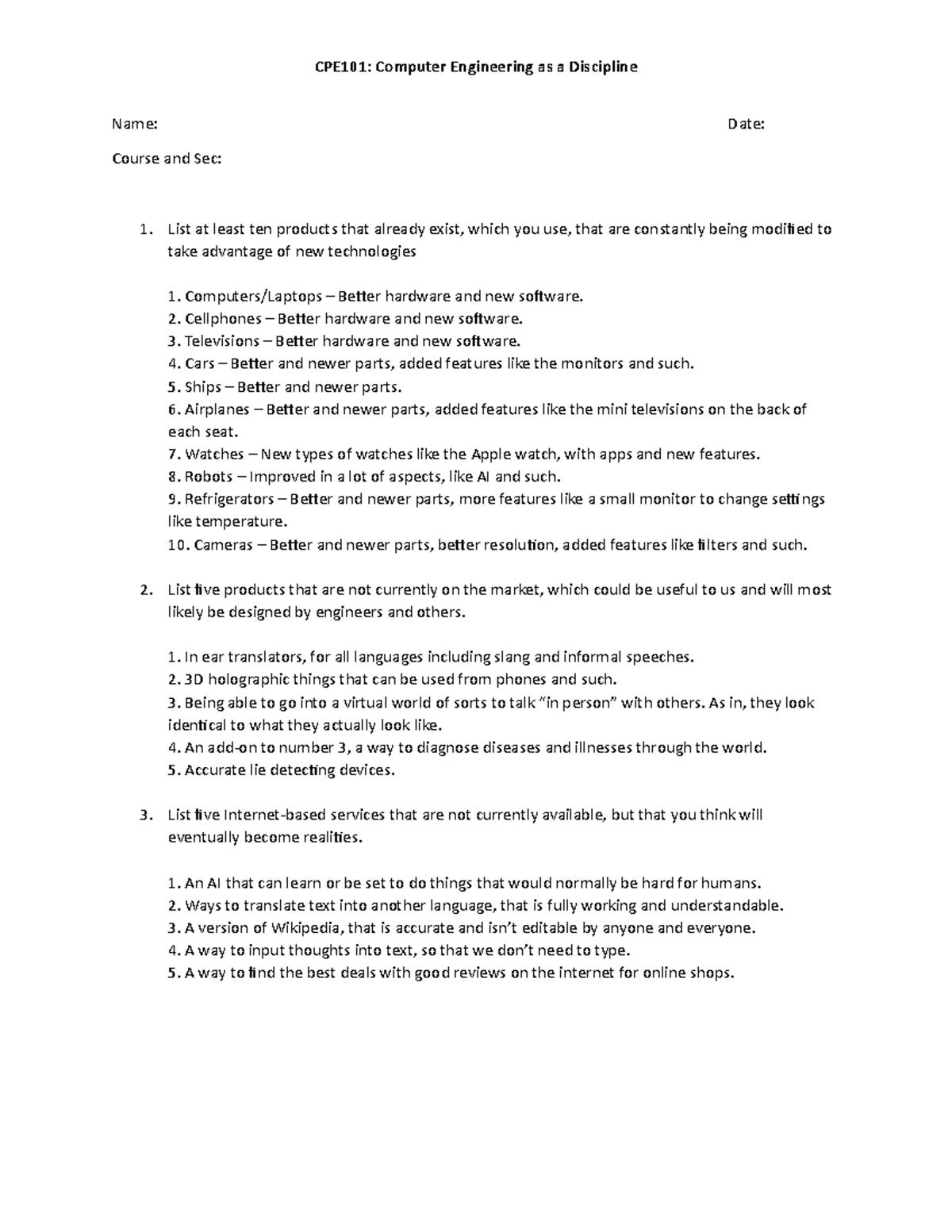CPE101 Assignment 1 - CPE101: Computer Engineering as a Discipline Name ...