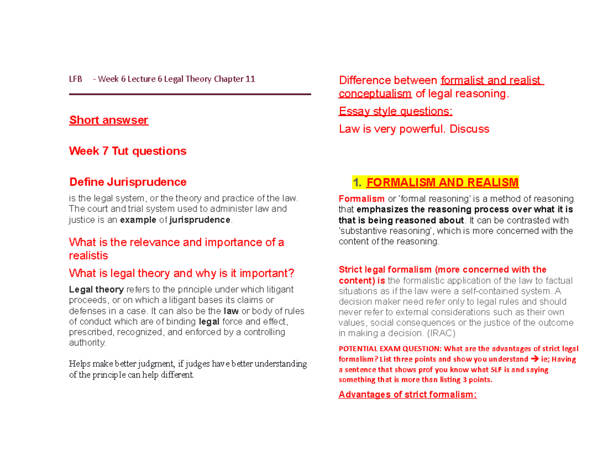 LFB - Lecture 6 Notes - LFB - Week 6 Lecture 6 Legal Theory Chapter 11 ...