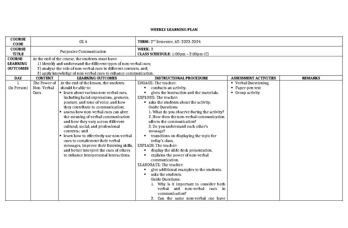 Weekly Learning PLAN GE 4 C - WEEKLY LEARNING PLAN COURSE CODE GE 4 ...