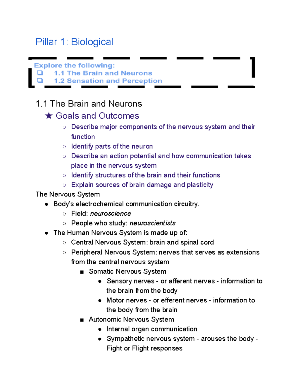 Biological (Psychology) - Pillar 1: Biological 1 The Brain and Neurons ...
