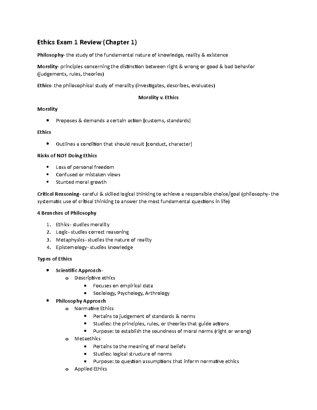 (Ethics) Exam 1 Review - Ethics Exam 1 Review (Chapter 1) the study of ...