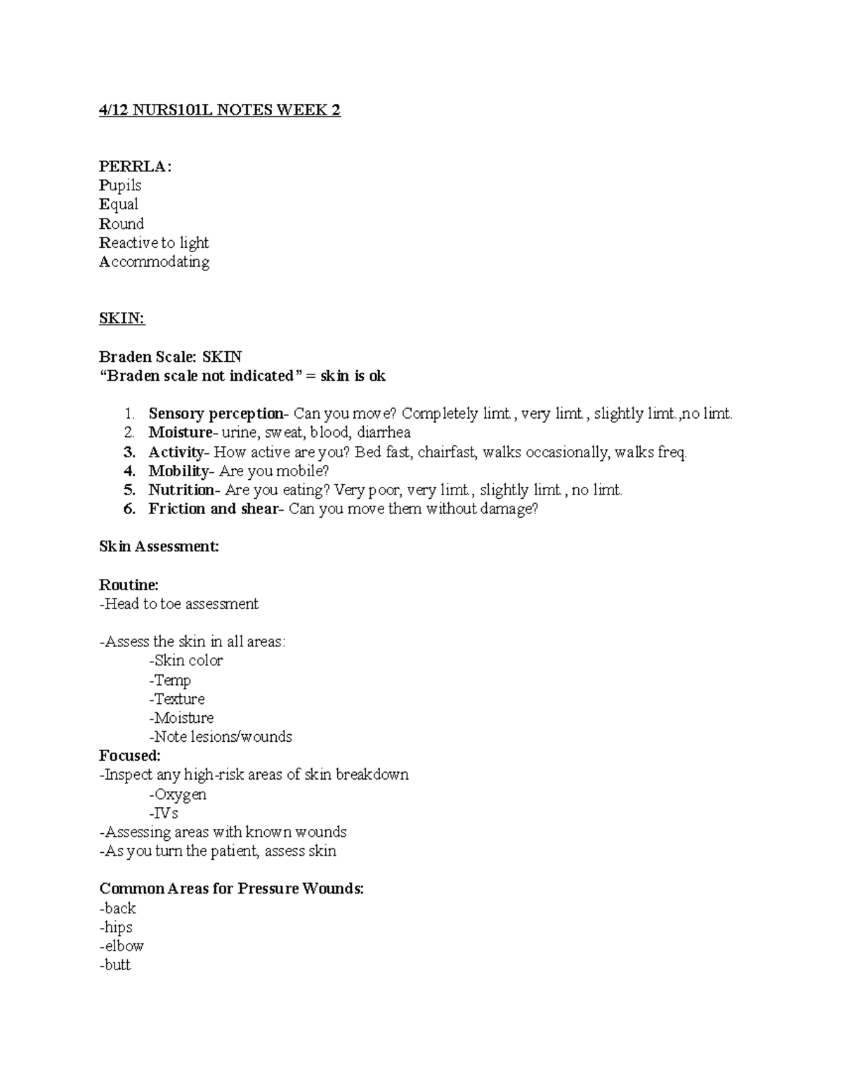 NURS101L Notes WEEK 2 - .... - 4/12 NURS101L NOTES WEEK 2 PERRLA ...
