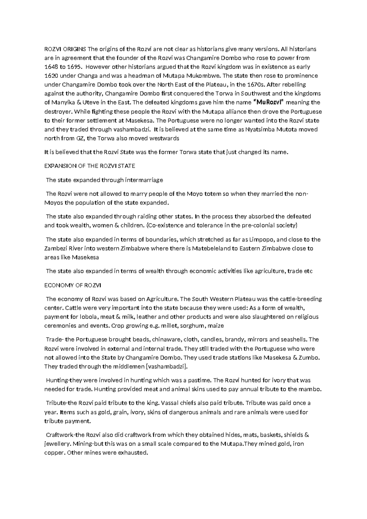 Nass lastnots - Notes - ROZVI ORIGINS The origins of the Rozvi are not ...