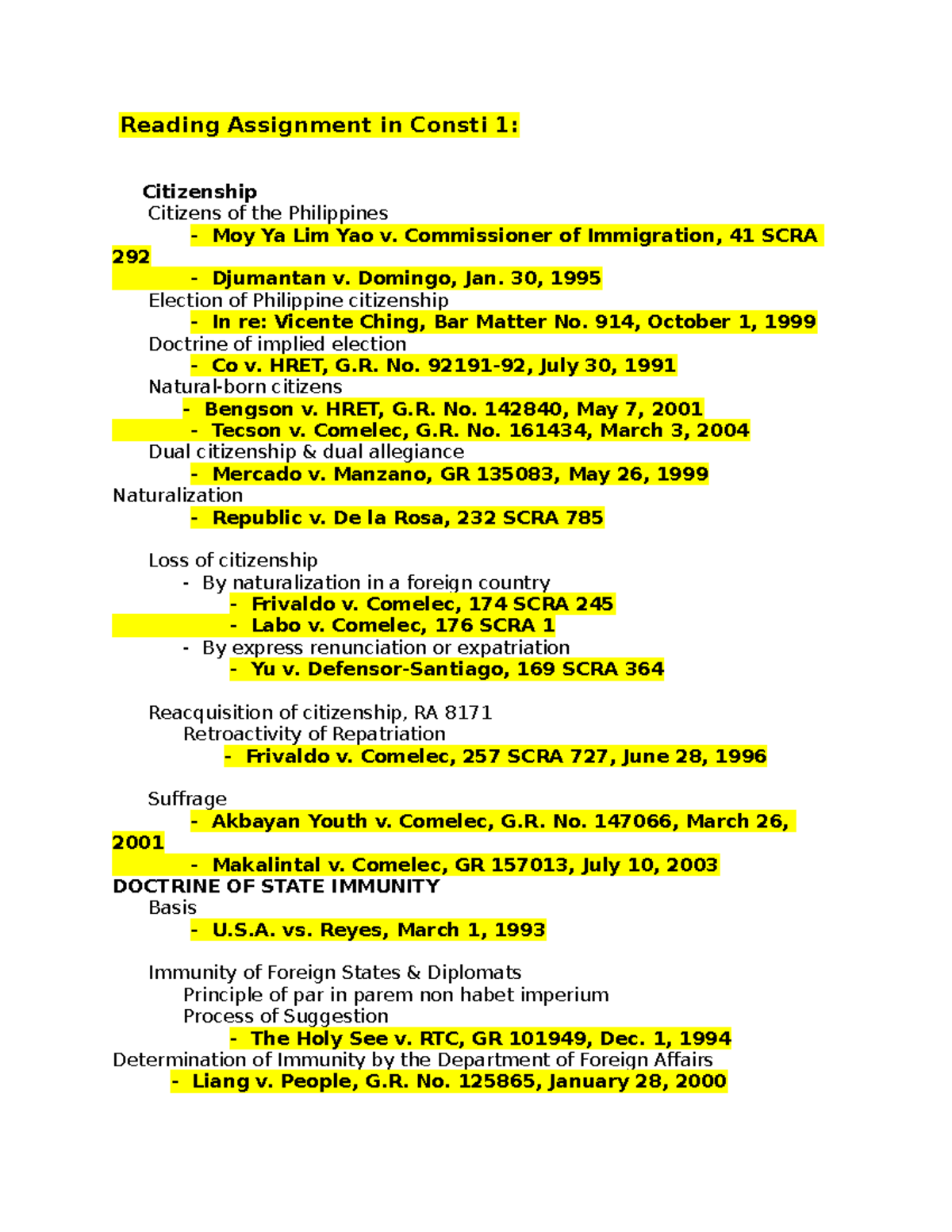 Reading Assignment in Consti 1 - Commissioner of Immigration, 41 SCRA 292 Djumantan v. Domingo ...