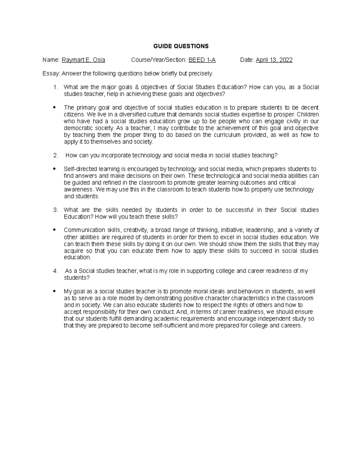 a BEED1-A Unit 1 Module 2 - GUIDE QUESTIONS Name: Raymart E. Osia ...