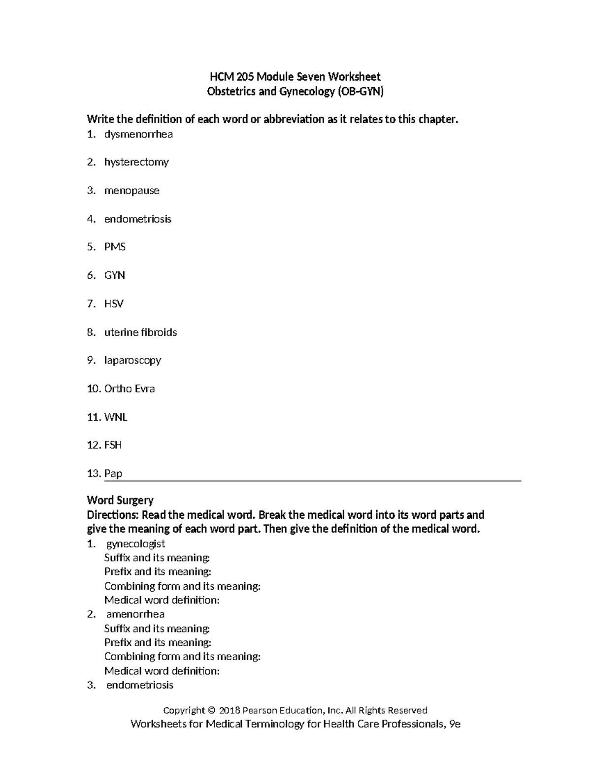 HCM 205 Module Seven Worksheet - HCM 205 Module Seven Worksheet Obstetrics and Gynecology (OB ...