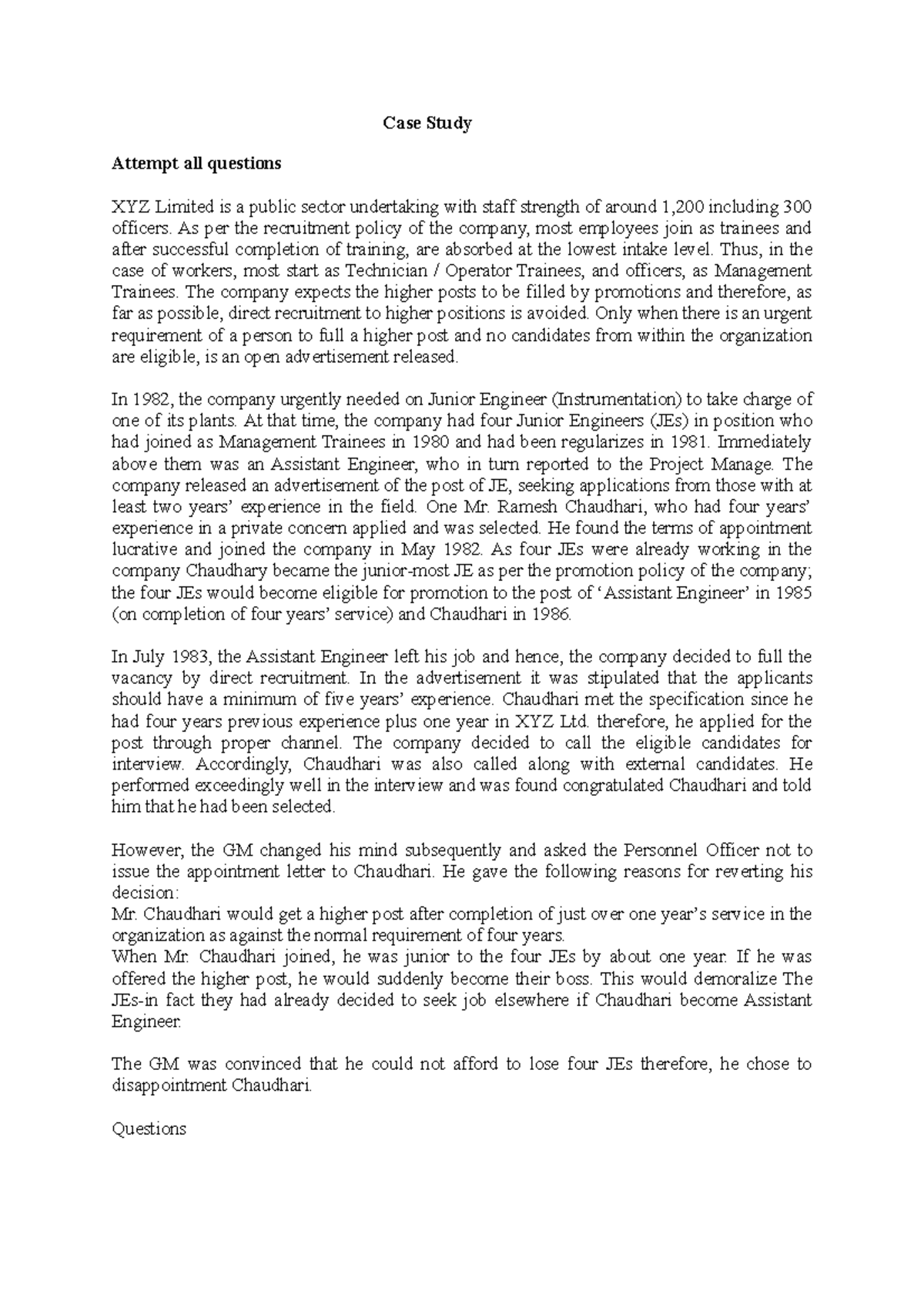 Cases recruitment and selection - Case Study Attempt all questions XYZ ...