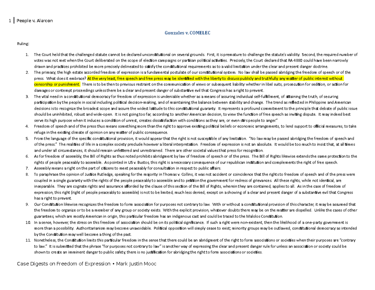 Case Digests on Freedom of Expression - Gonzales v. COMELEC Ruling: The ...