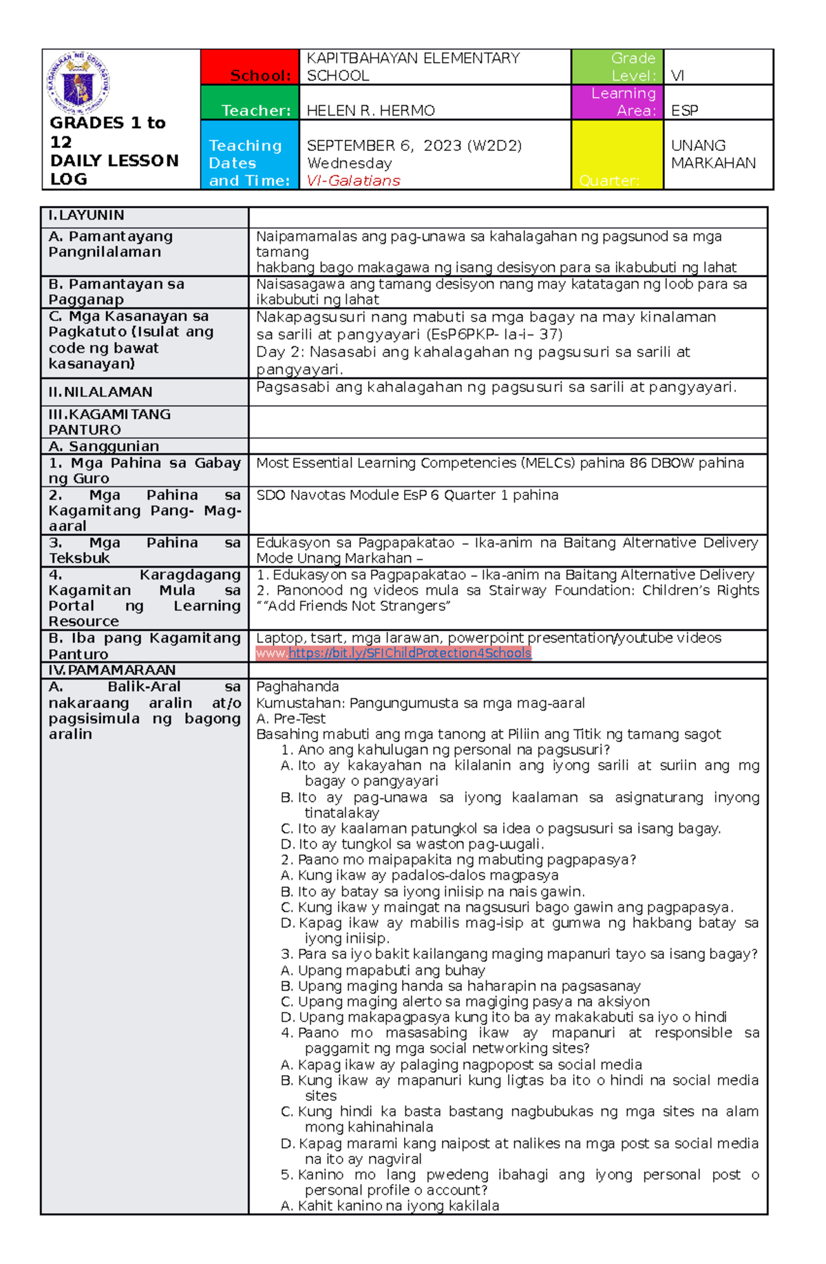 DLL-ESP-6 Q1W2D3 Hermo - GRADES 1 to 12 DAILY LESSON LOG School ...