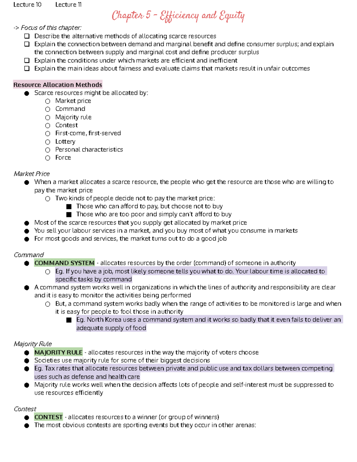 Econ1102 Chapter 5 Lecutre Notes Lecture 10 Lecture 11 Chapter 5 Efficiency And Equity