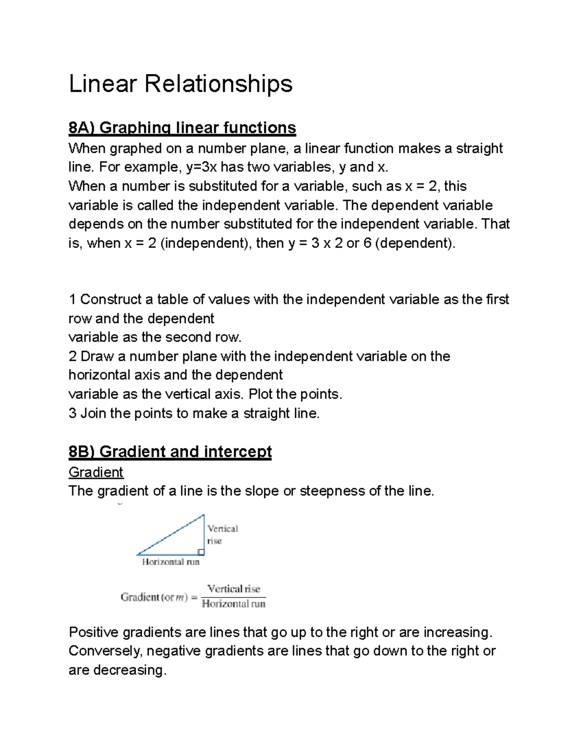 Math - Revision 8 - linear relationship notes - Linear Relationships 8A ...