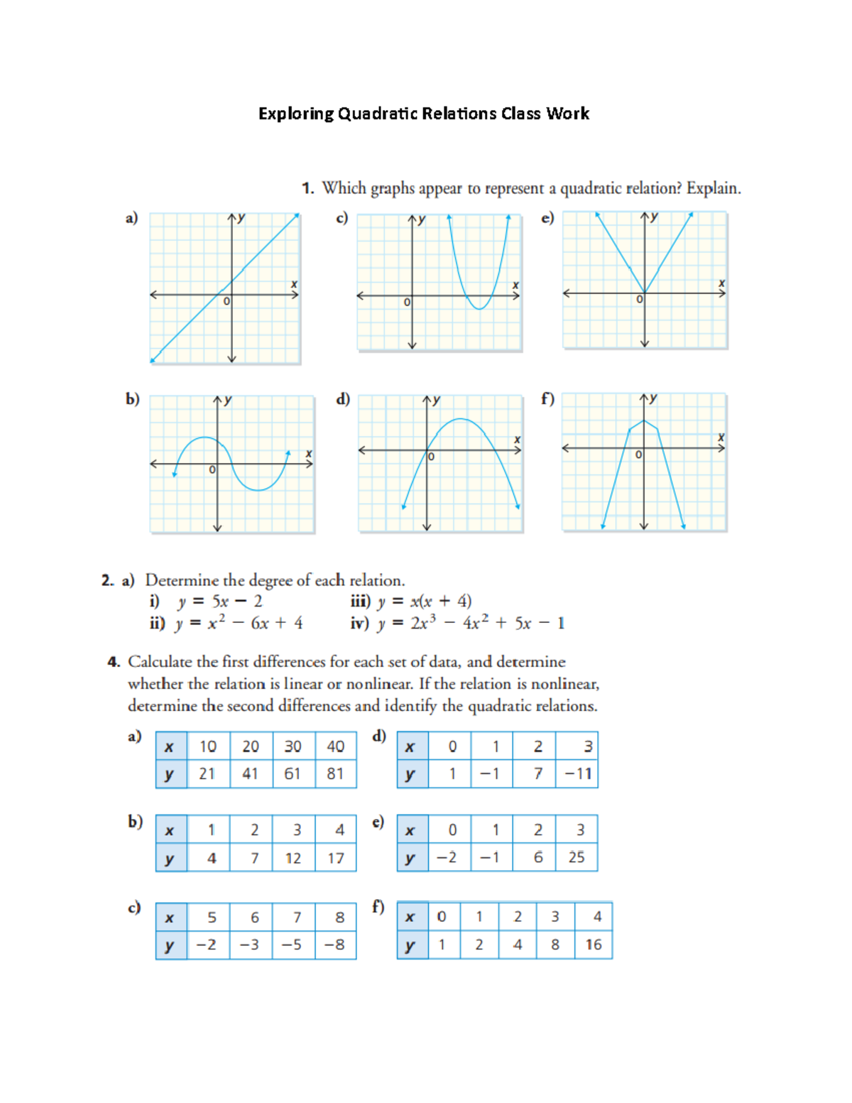 1. Exploring Quadratic Relations Class Work - Exploring Quadratic ...