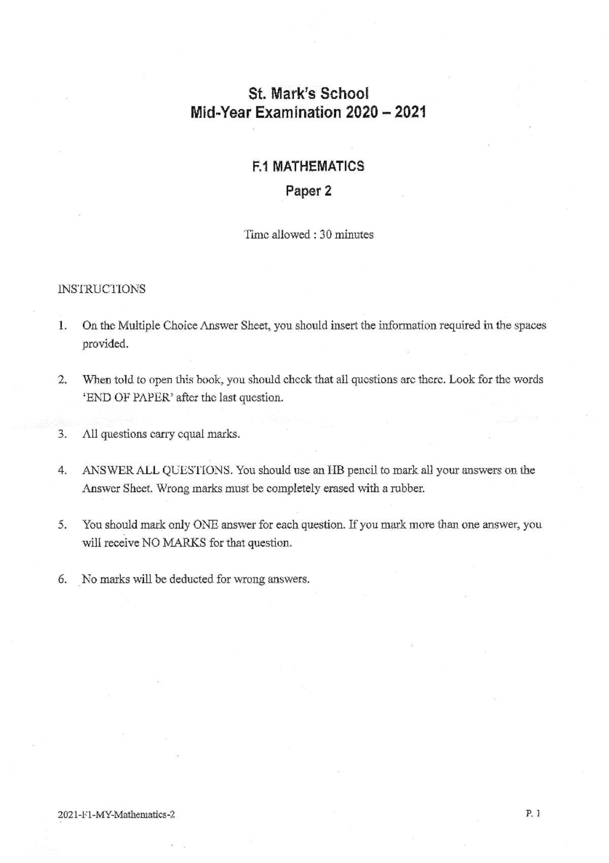 S1 maths St Marks-2020-21 - St. Mark's School Mid-Year Examination 2020 ...