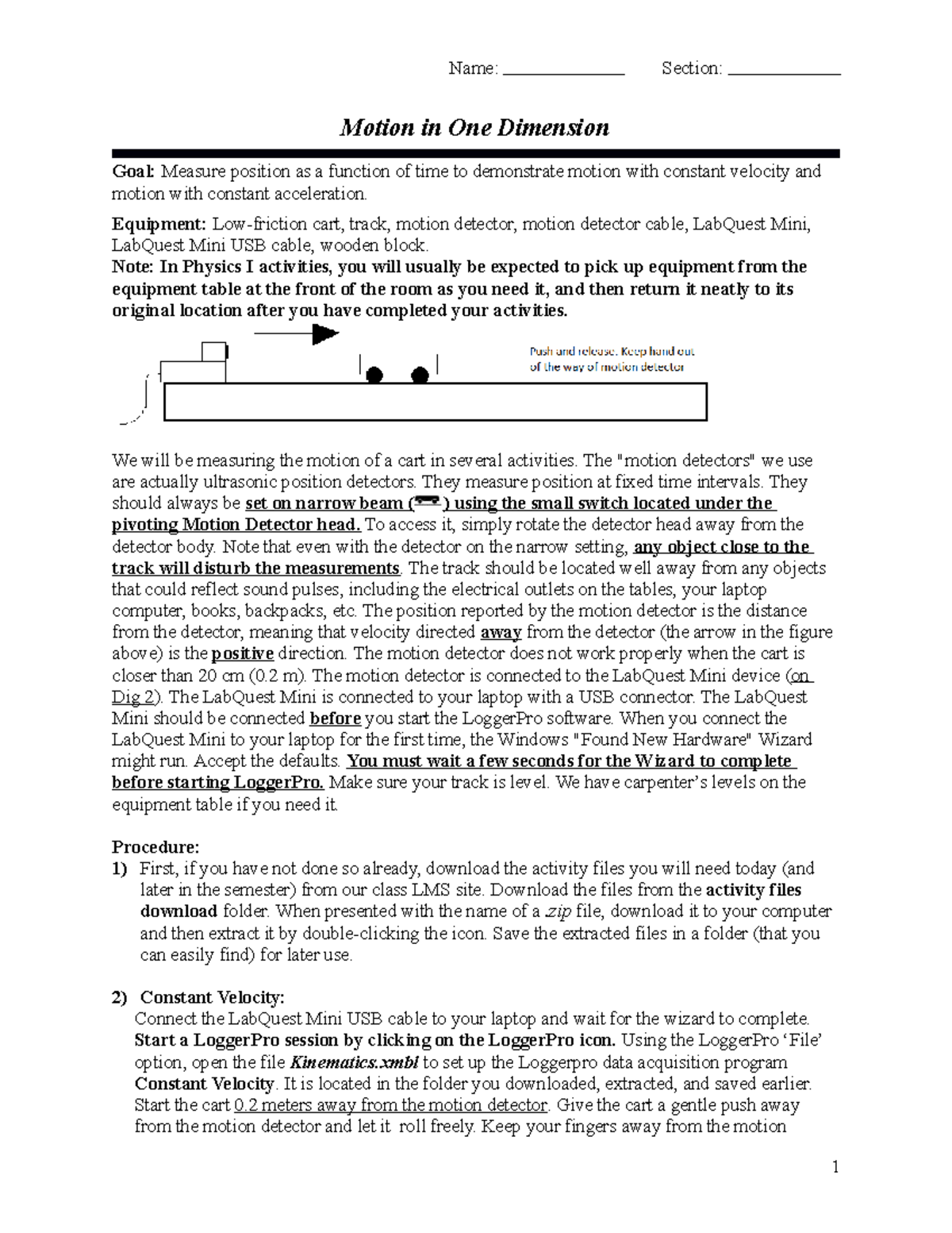 Activity 02 1D Motion Motion In One Dimension Goal Measure Position