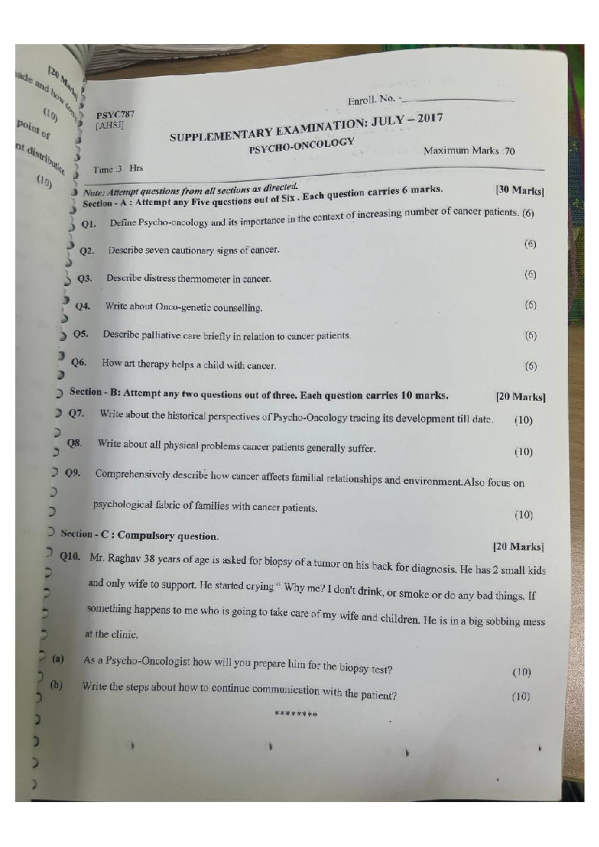 Oncology QUESTION PAPERS - PSYC787 Enroll. No. SUPPLEMENTARY ...