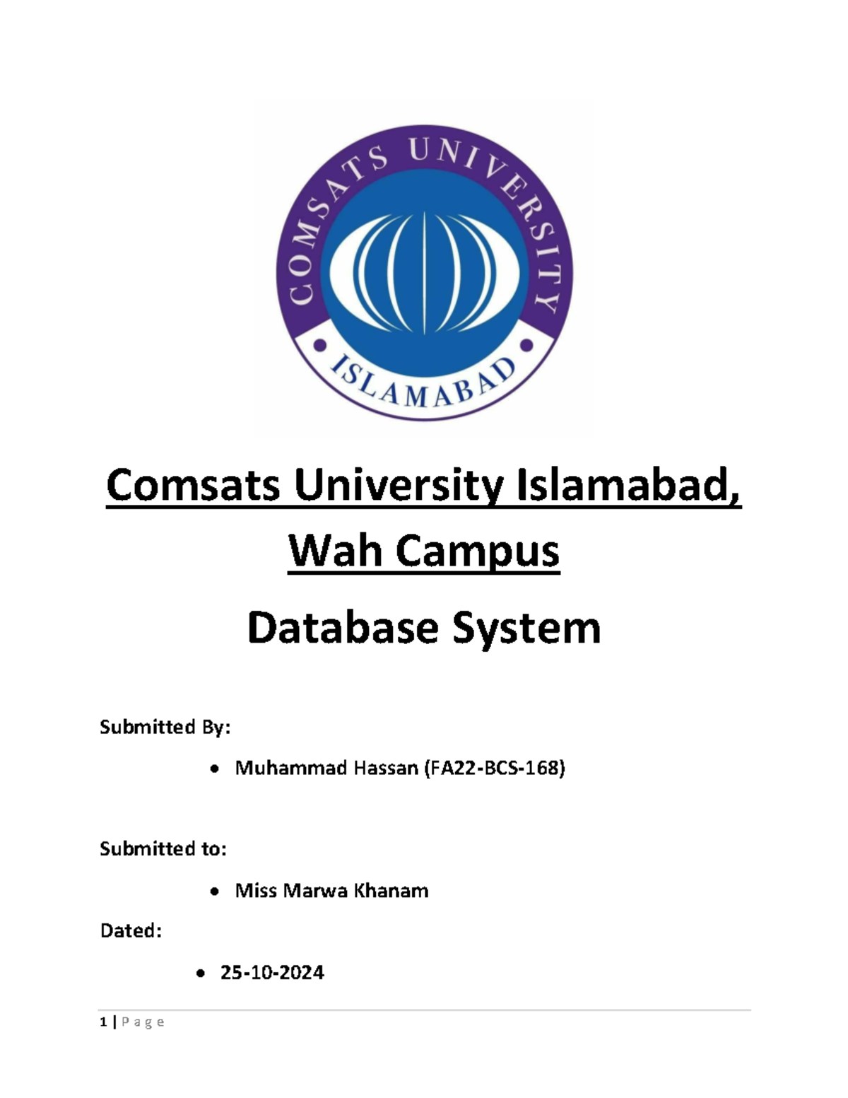 FA22-BCS-168 DB Lab Mid - Comsats University Islamabad, Wah Campus Database System Submitted By ...