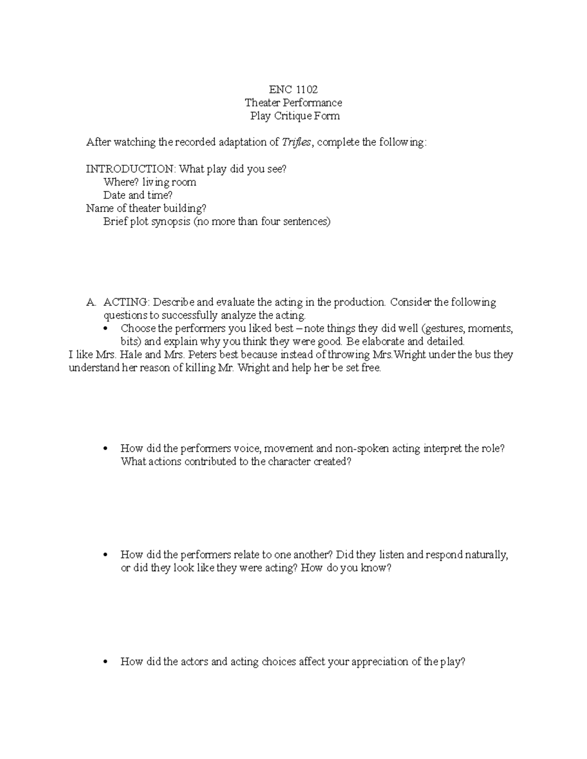 ENC 1102 - Fernandez- sterling - ENC 1102 Theater Performance Play ...