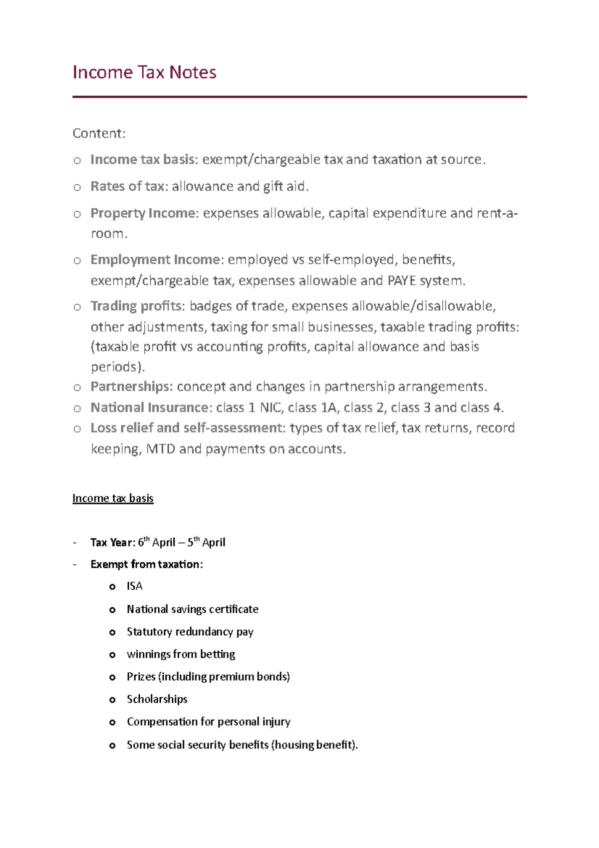 Income Tax Notes - Income Tax Notes Content: o Income tax basis ...