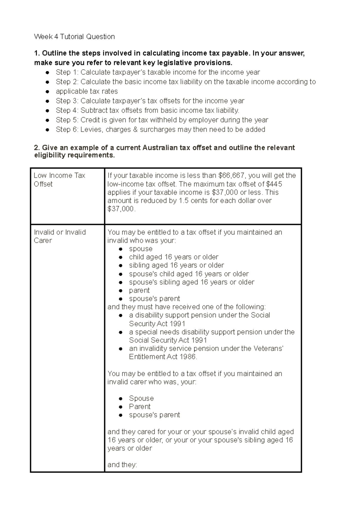 Tax Law - Week 4 Tutorial - Week 4 Tutorial Question 1. Outline the ...