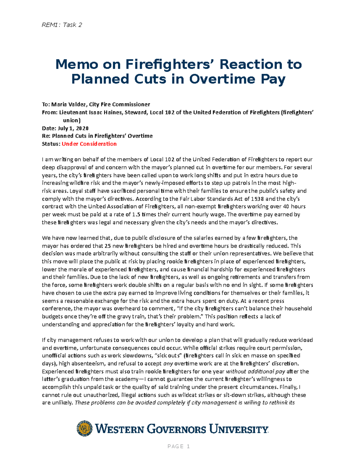 Memo on Firefighters’ Reaction to Planned Cuts in Overtime Pay - For ...