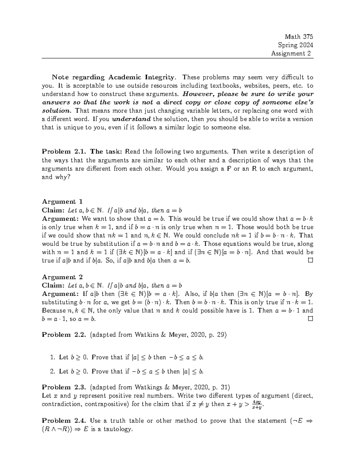 MAT 375 Assignment 2 - Math 375 Spring 2024 Assignment 2 Note regarding ...