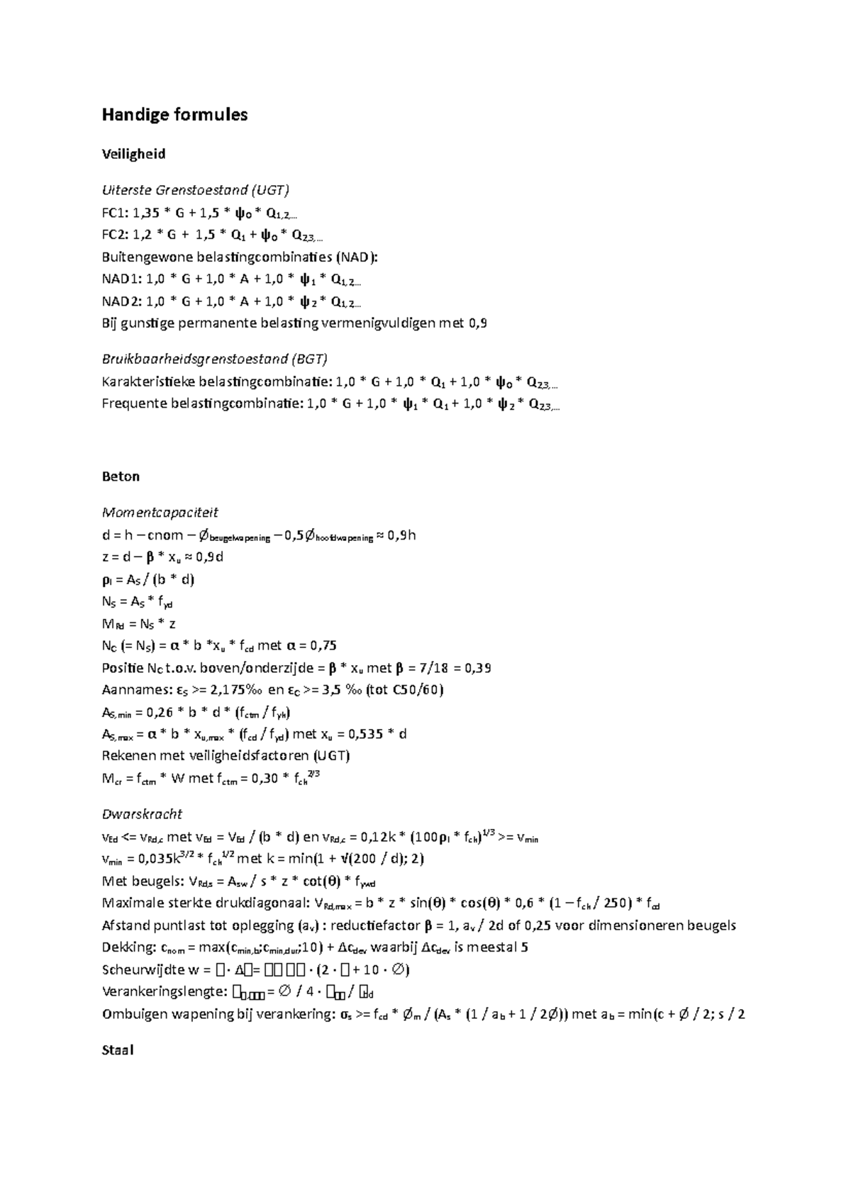 Formuleblad deel 1 - Samenvatting Beton & Staalconstructies - Handige formules Veiligheid ...