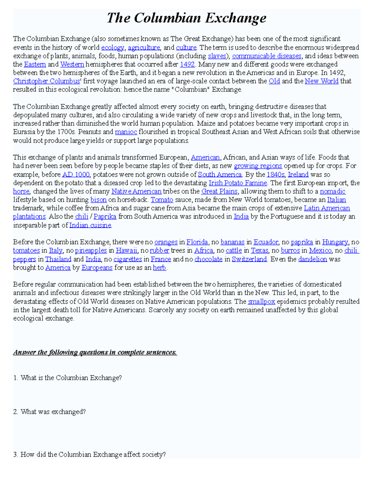 Columbian Info - about Columbus - The Columbian Exchange The Columbian ...