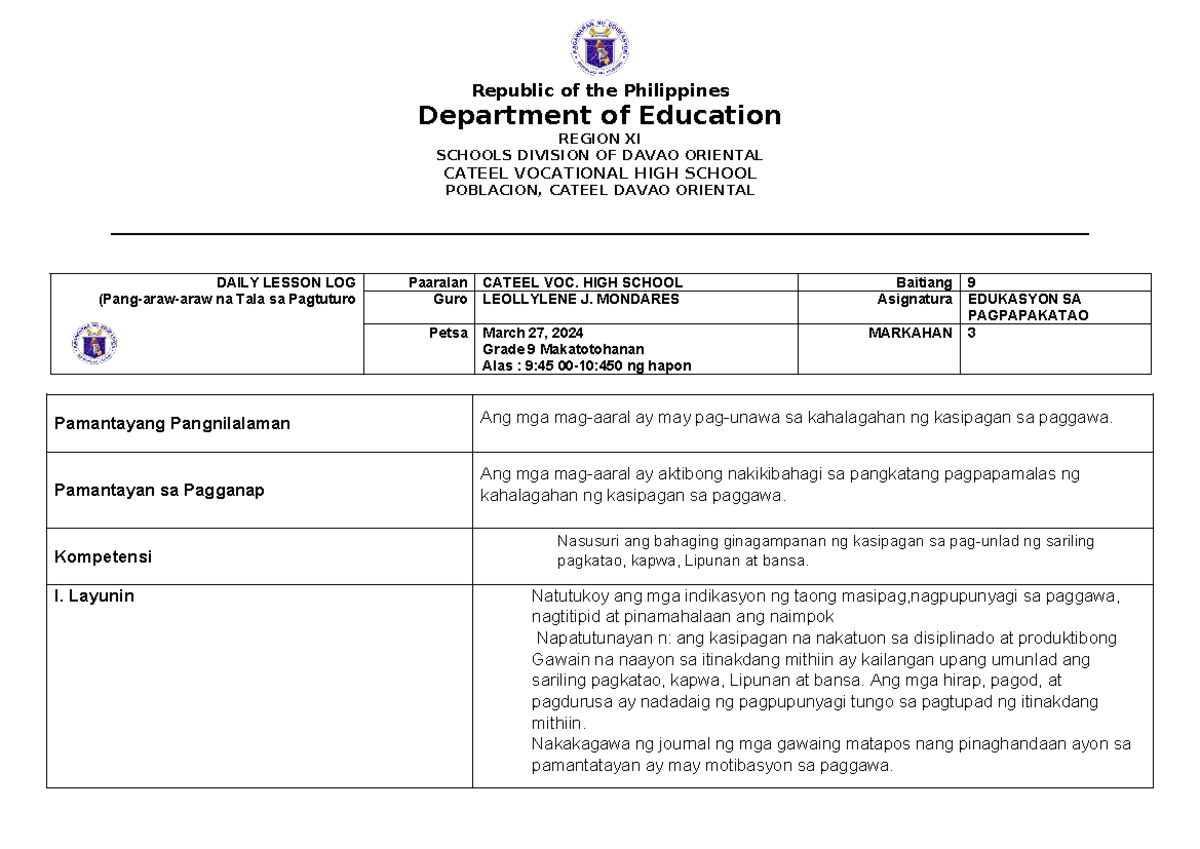 Class Observation - Republic of the Philippines Department of Education ...
