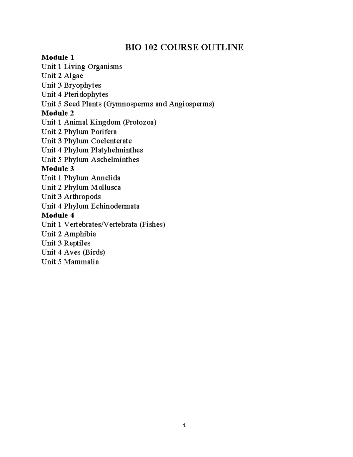 BIO 102 Vertebrate - Vertebrae - BIO 102 COURSE OUTLINE Module 1 Unit 1 ...