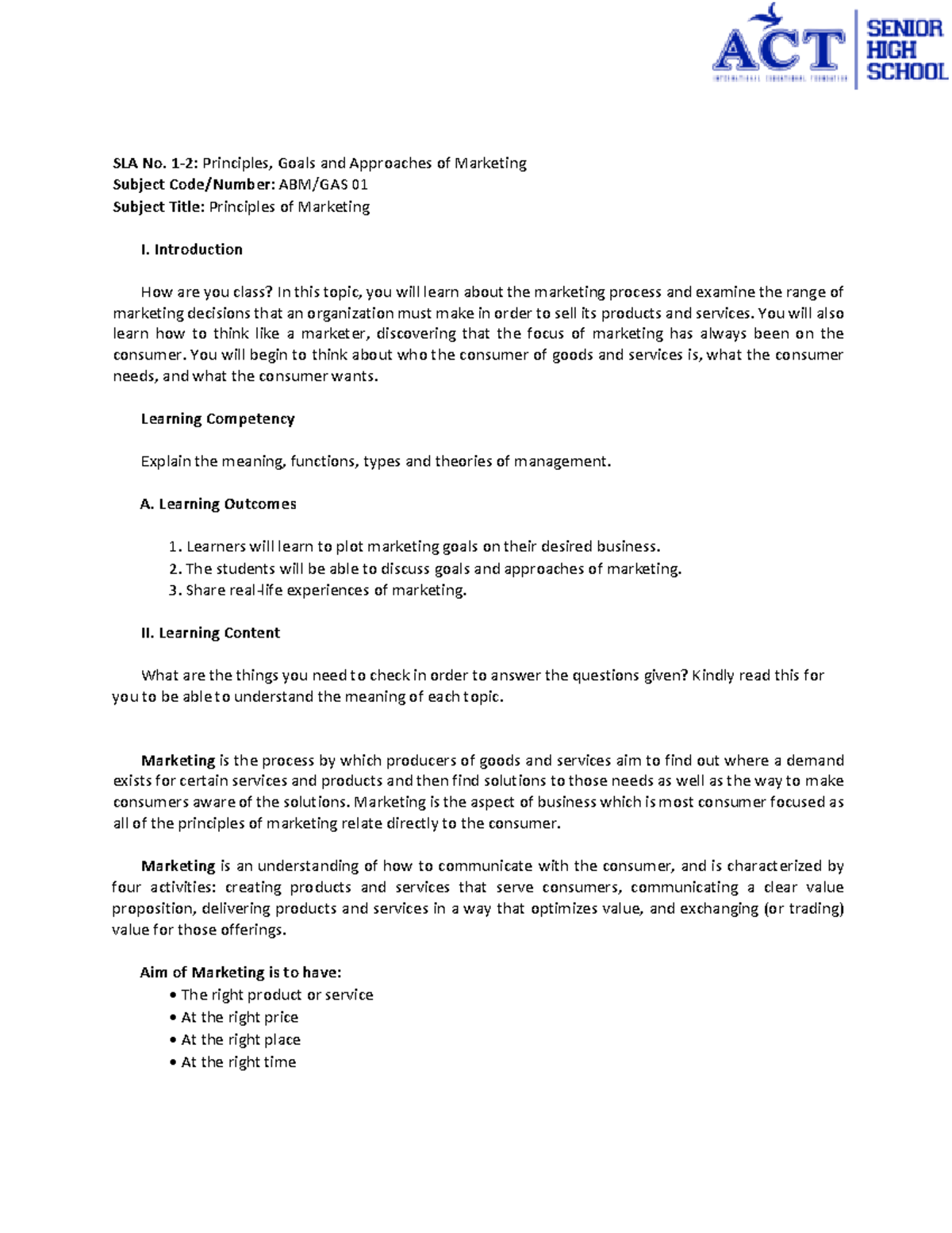 POM-SLG1-2 - Principles of Marketing - Principles of Marketing Grade ...