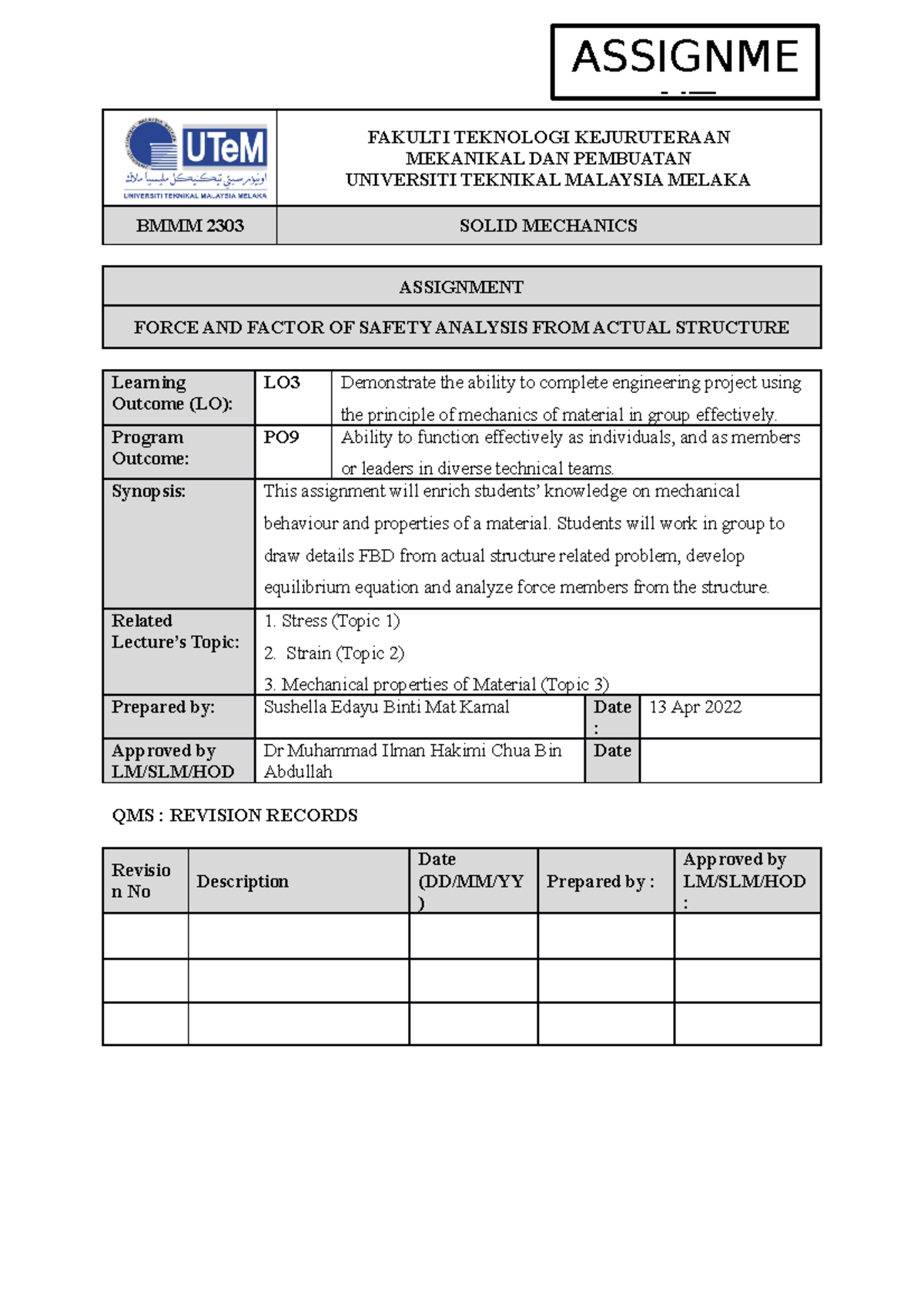 Assignment - TOS SEM 2 2021-2022 2 - FAKULTI TEKNOLOGI KEJURUTERAAN MEKANIKAL DAN PEMBUATAN ...