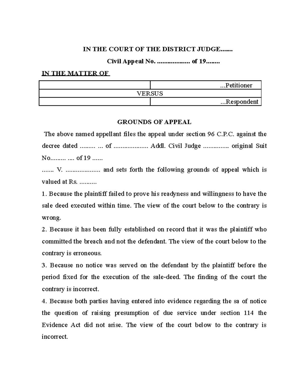106055 FORM OF First Appeal - IN THE COURT OF THE DISTRICT JUDGE ...
