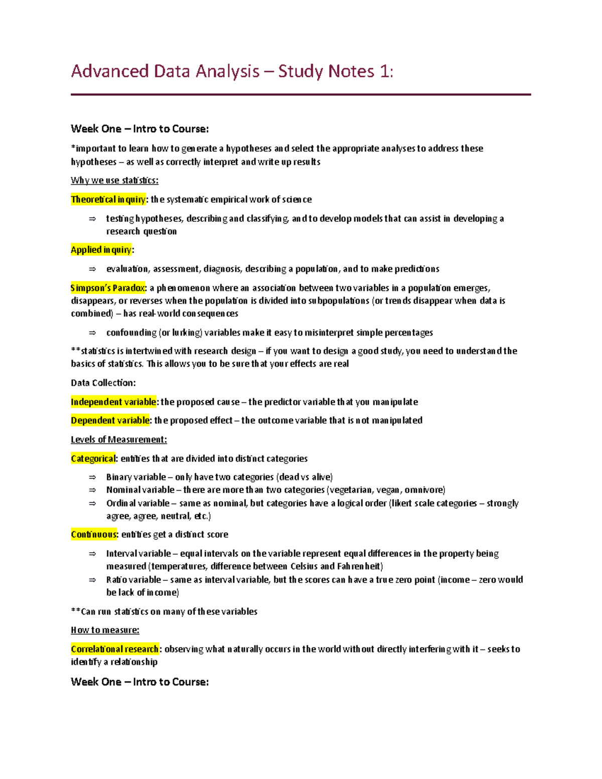 Advanced Data - main concepts from weeks 1-6 - Advanced Data Analysis ...