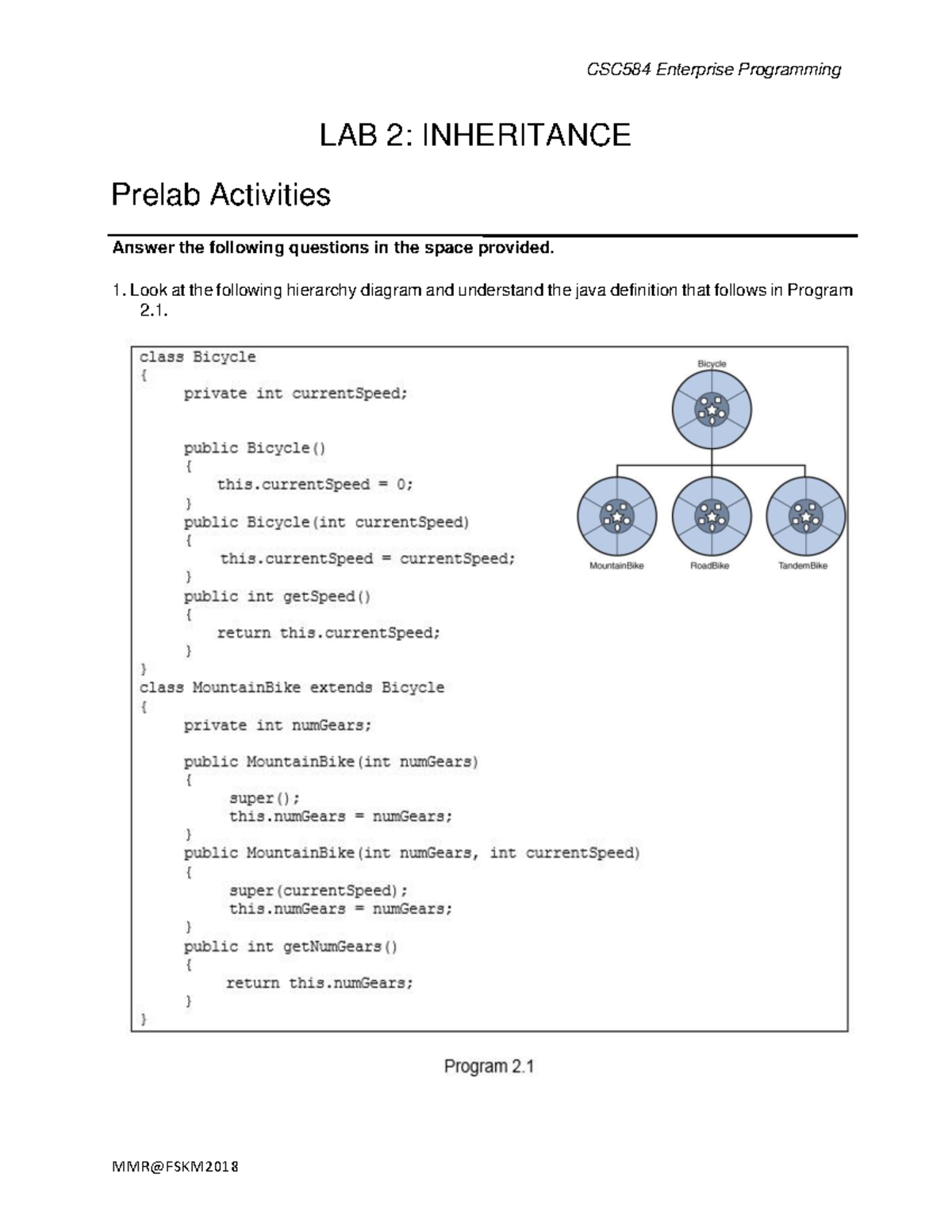 Labcsc 584 2 - Exercise - MMR@FSKM LAB 2: INHERITANCE Prelab Activities Answer the following ...