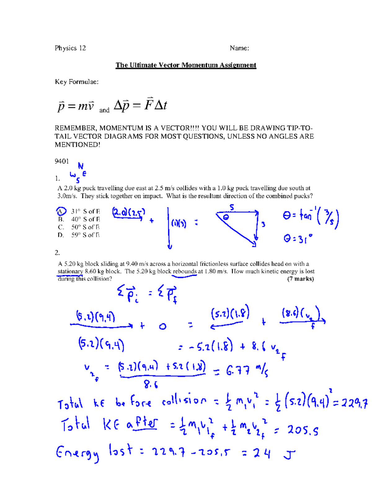 Ultimate Momentum Assignmentanswers - Physics 12 Name: The Ultimate ...