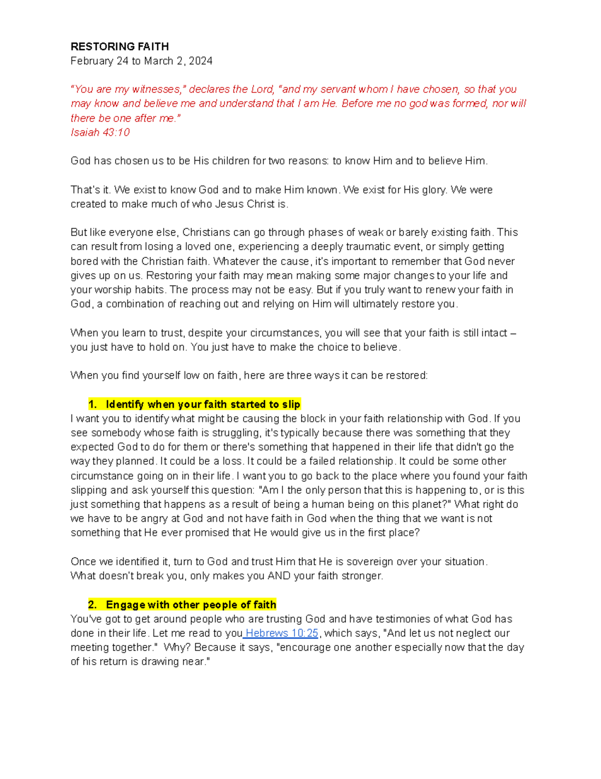 Restoring- Faith - RESTORING FAITH February 24 to March 2, 2024 “You ...