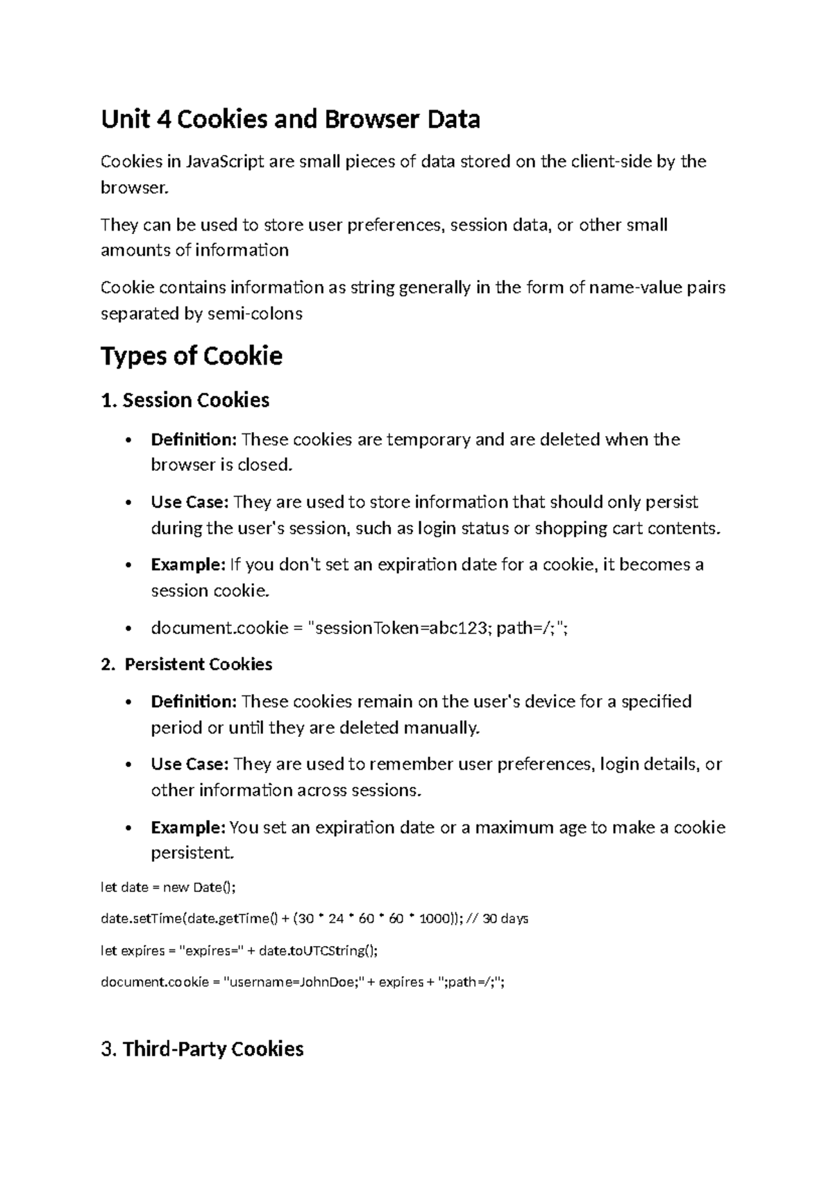 Unit 4 Cookies and Browser Data - They can be used to store user preferences, session data, or ...