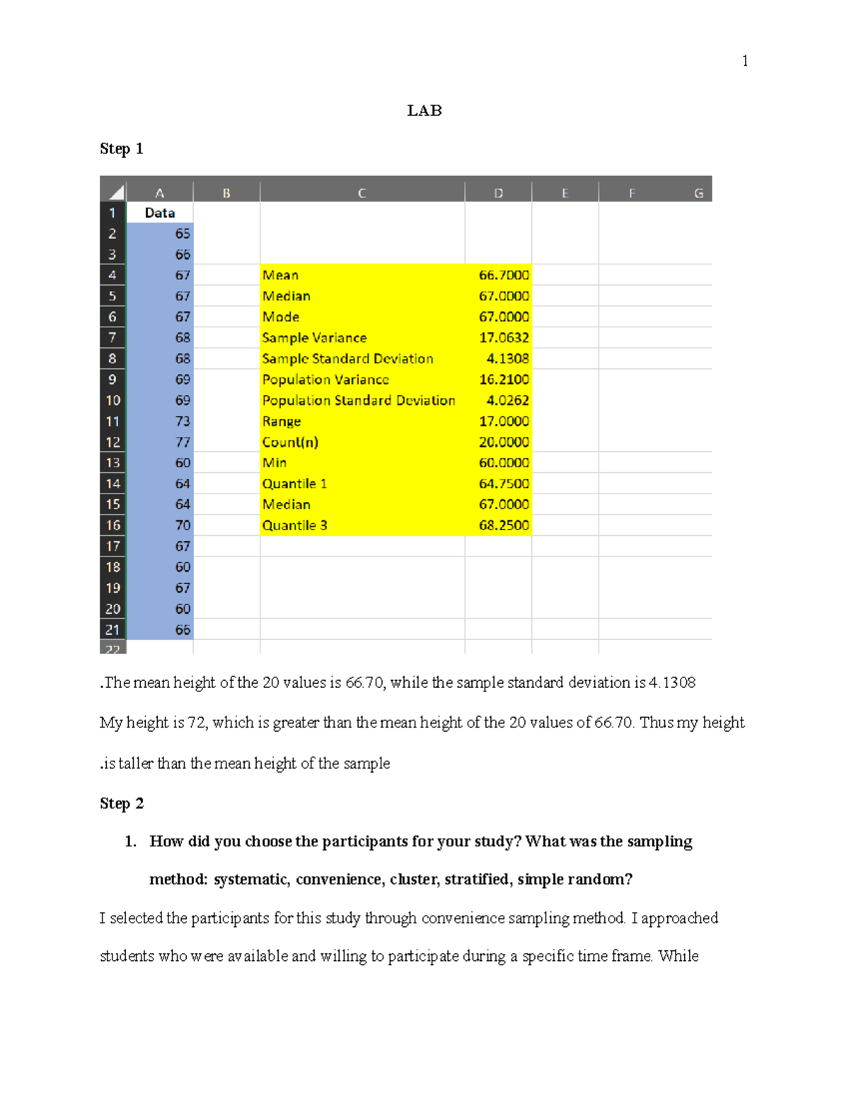 LAB1 - qwed - LAB Step 1 . The mean height of the 20 values is 66 ...