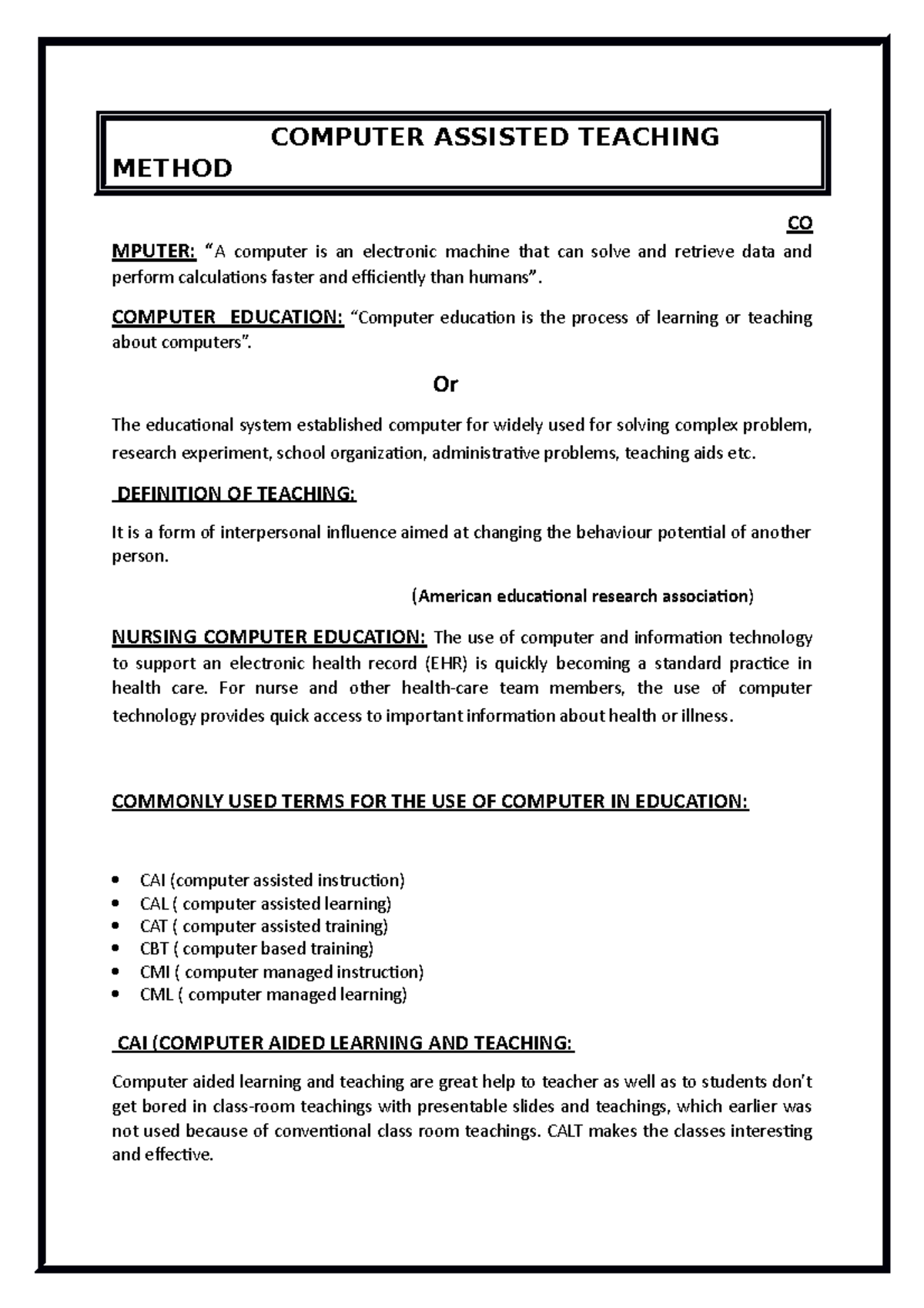Computer Assisted Teaching Metho 1 - COMPUTER ASSISTED TEACHING METHOD ...