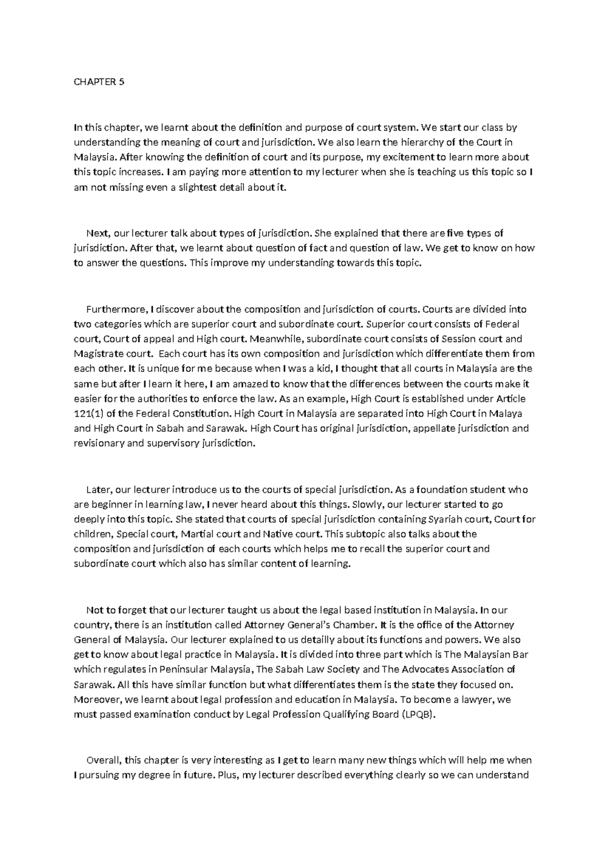 LAW 033 Reflective Essay - CHAPTER 5 In this chapter, we learnt about ...