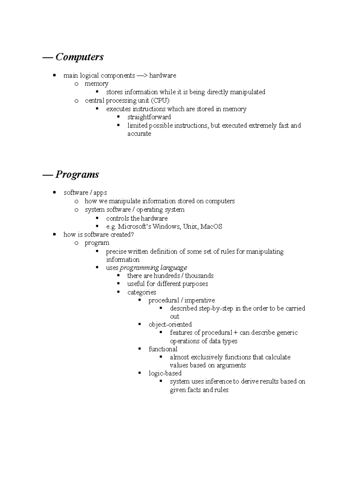 Computing Notes From Textbook Chapter 1 — Computers Main Logical Components — Hardware O