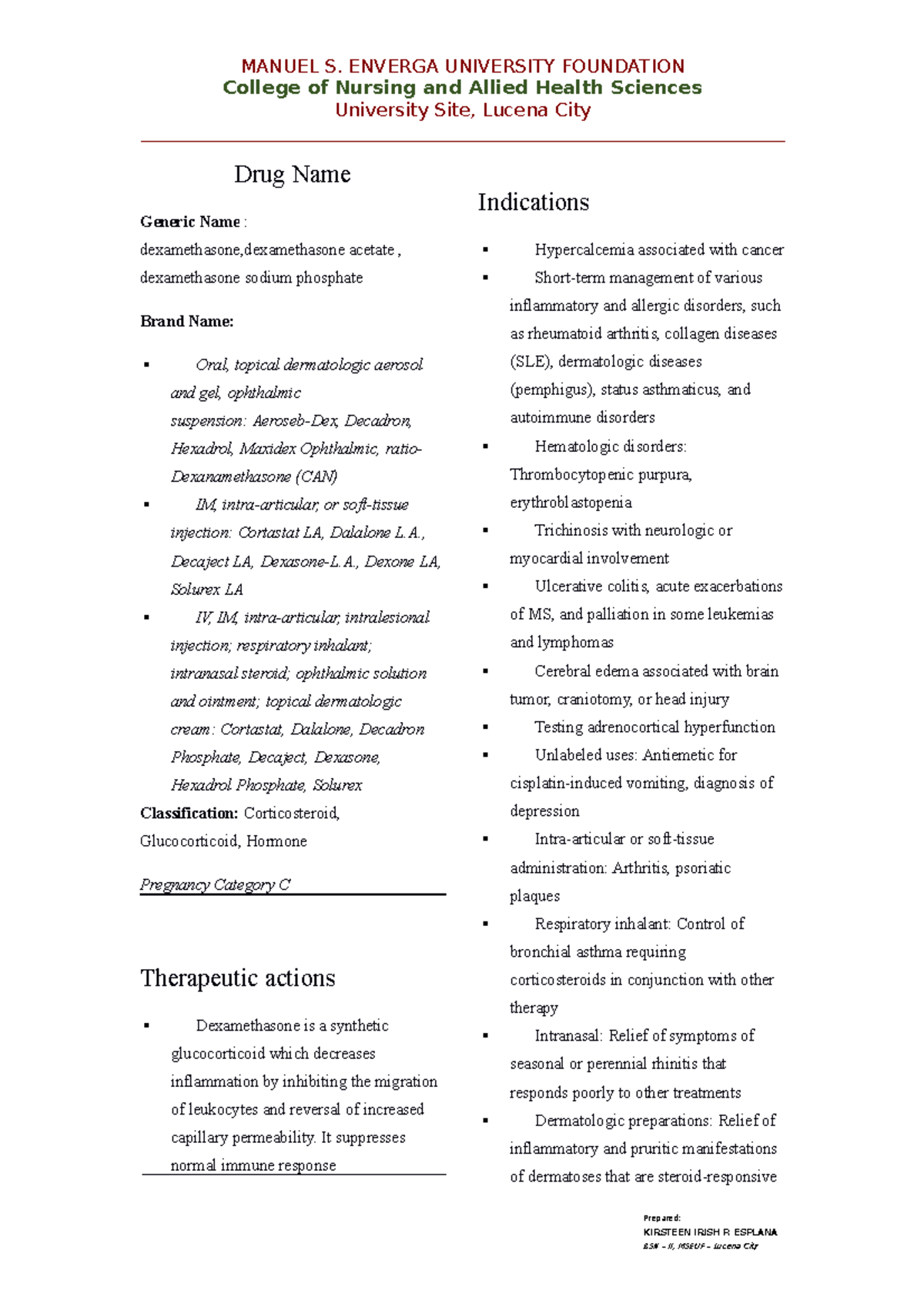Dexamethasone- DRUG Study - College of Nursing and Allied Health ...