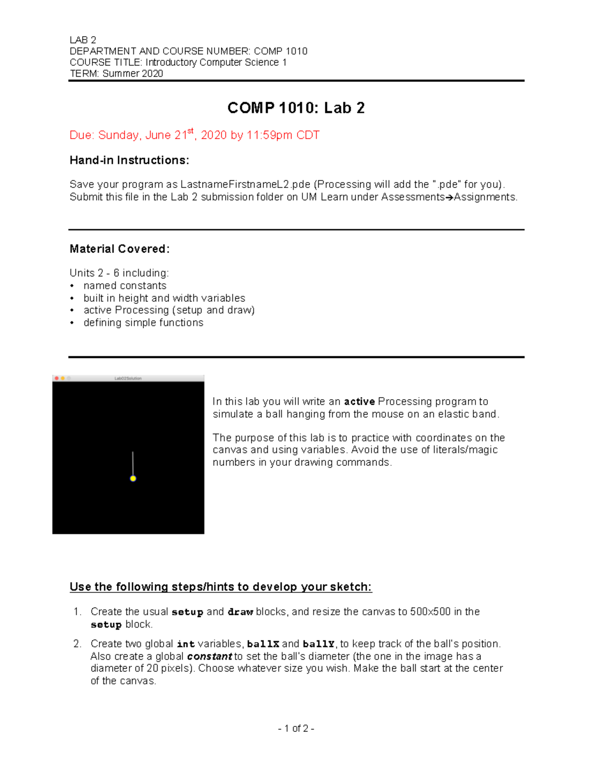 Lab02 Instructions - LAB 2 DEPARTMENT AND COURSE NUMBER: COMP 1010 ...