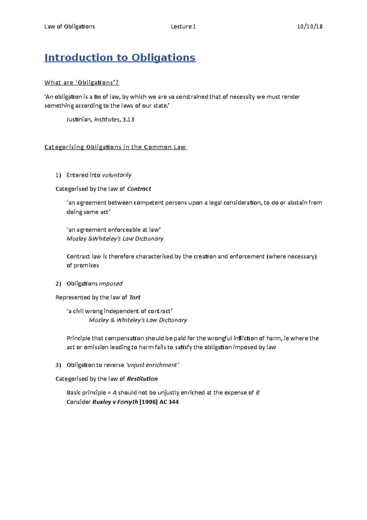 Introduction to Obligations L1 - Law of Obligations Lecture 1 10/10 ...