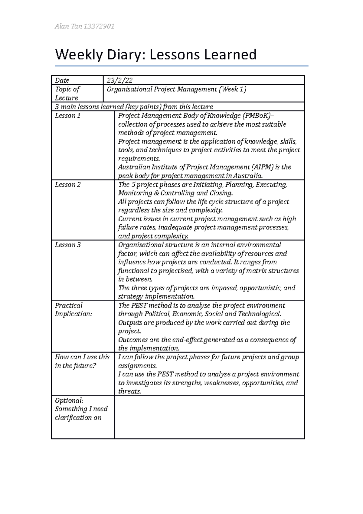 16912 Weekly Diary 1 - Alan Tan 13372901 Weekly Diary: Lessons Learned ...