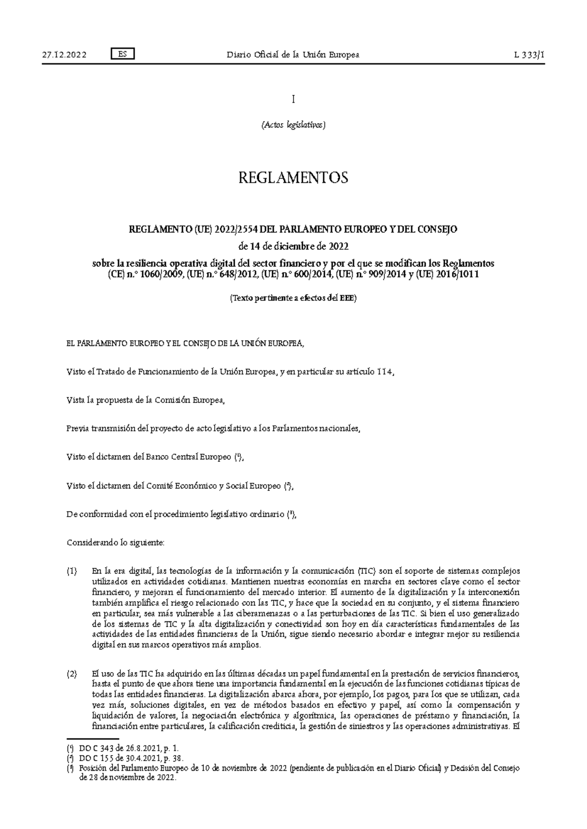 Reglamento (UE) 2022-2554 DORA - I (Actos legislativos) REGLAMENTOS REGLAMENTO (UE) 2022/2554 ...