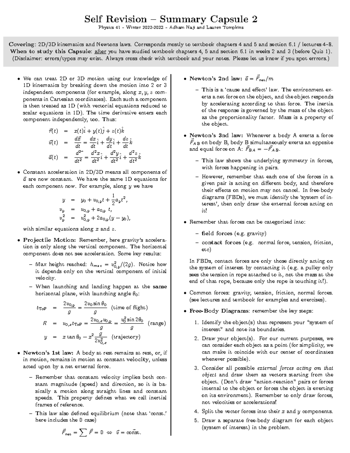 Summary Cap2 - Professor Tompkins - Self Revision – Summary Capsule 2 Physics 41 – Winter 2022 ...