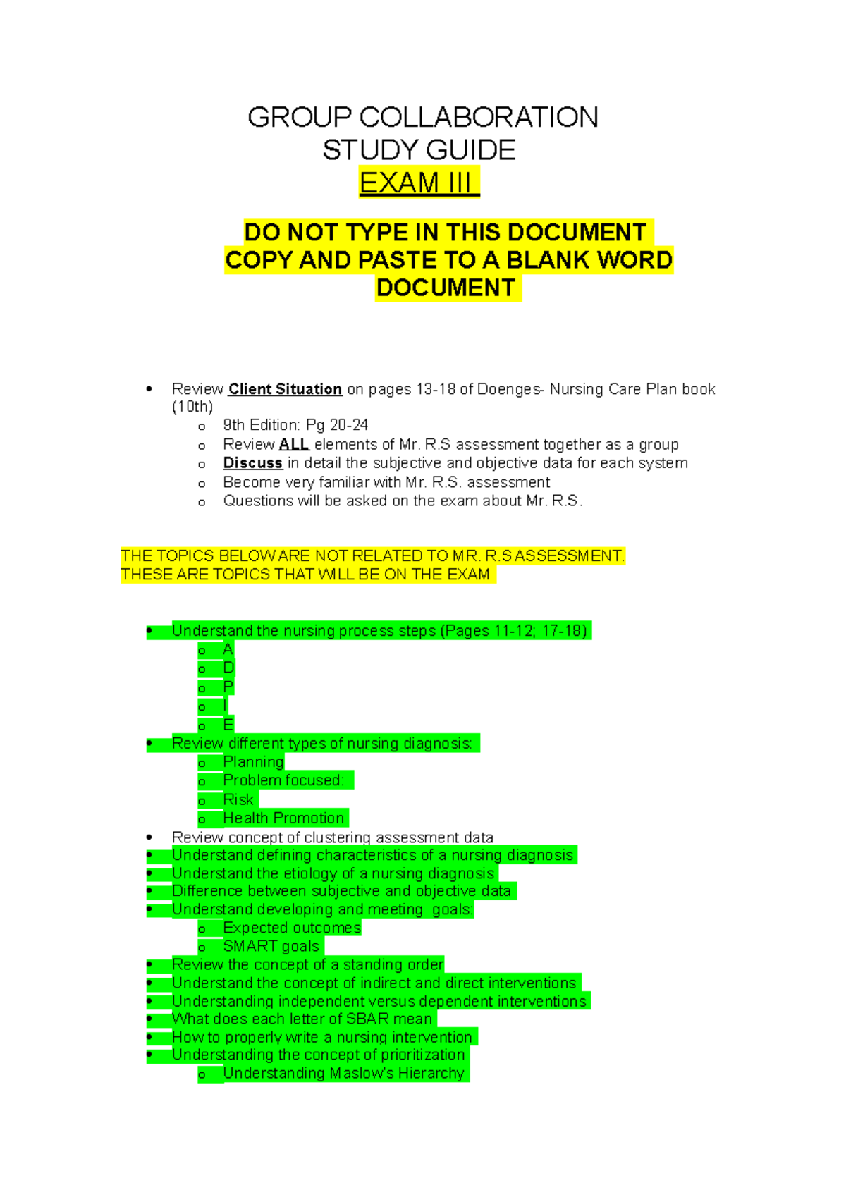 Study Guide EXAM 3 - Foundation of Nuring Care is the base for clinical ...